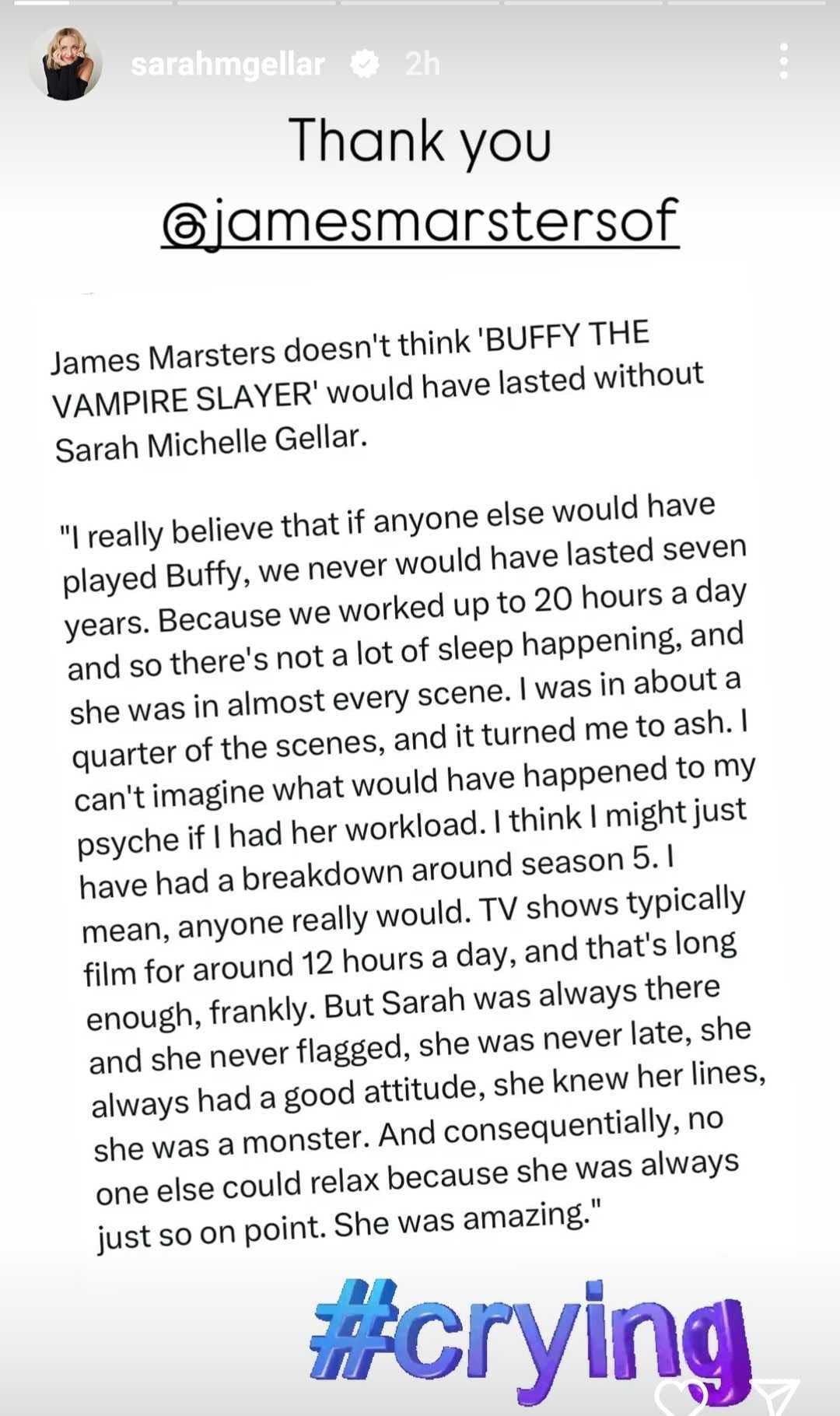 Buffy: Sarah Michelle Gellar Reacts to Marsters' Kind Words: "Crying"